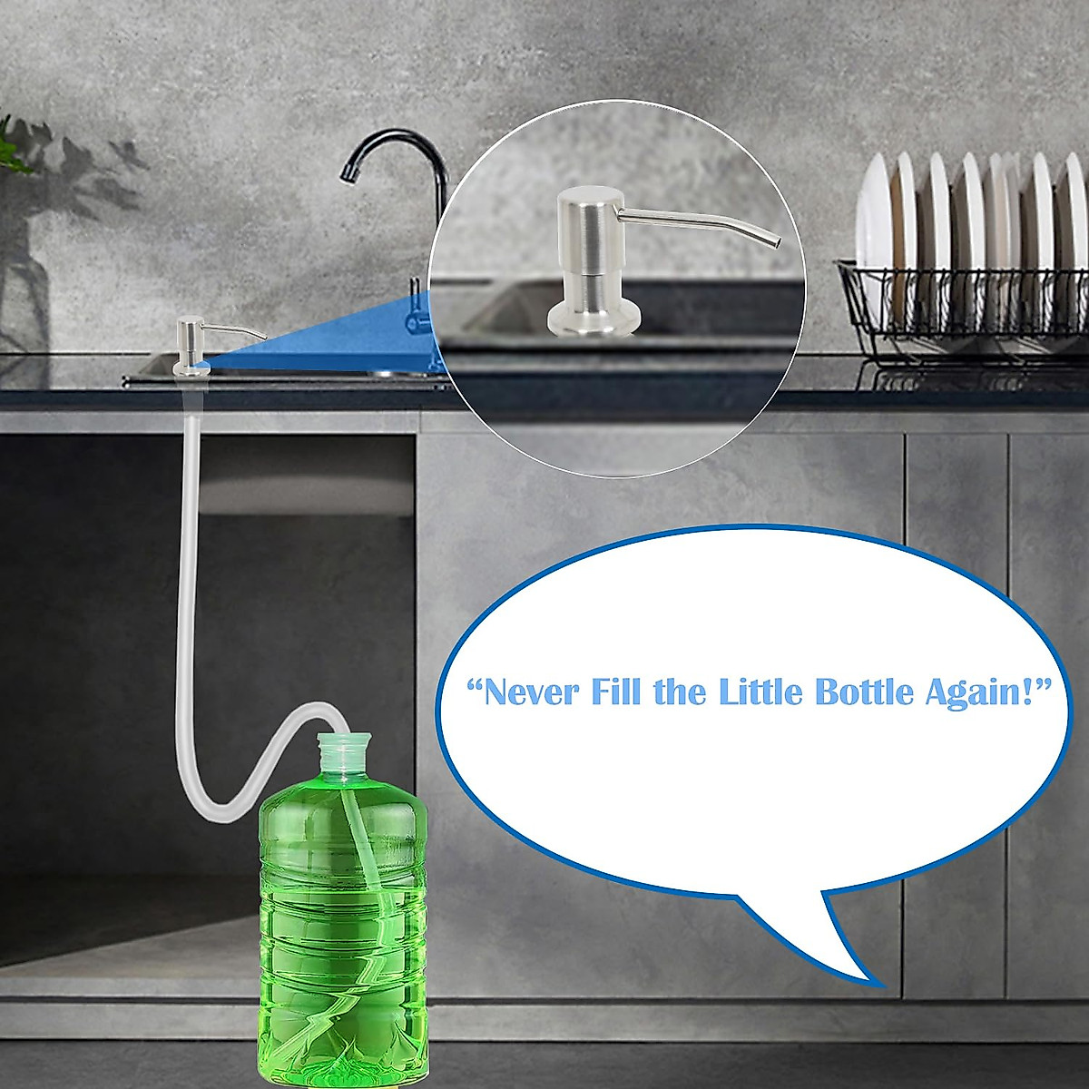 Soap Dispenser for Kitchen Sink, Built in Sink Soap Dispenser (Brushed Nickel), Countertop Soap Dispenser Pump with 47" Extension Tube kit, No Need to Fill Little Bottle Again (Longer Thread Shaft)