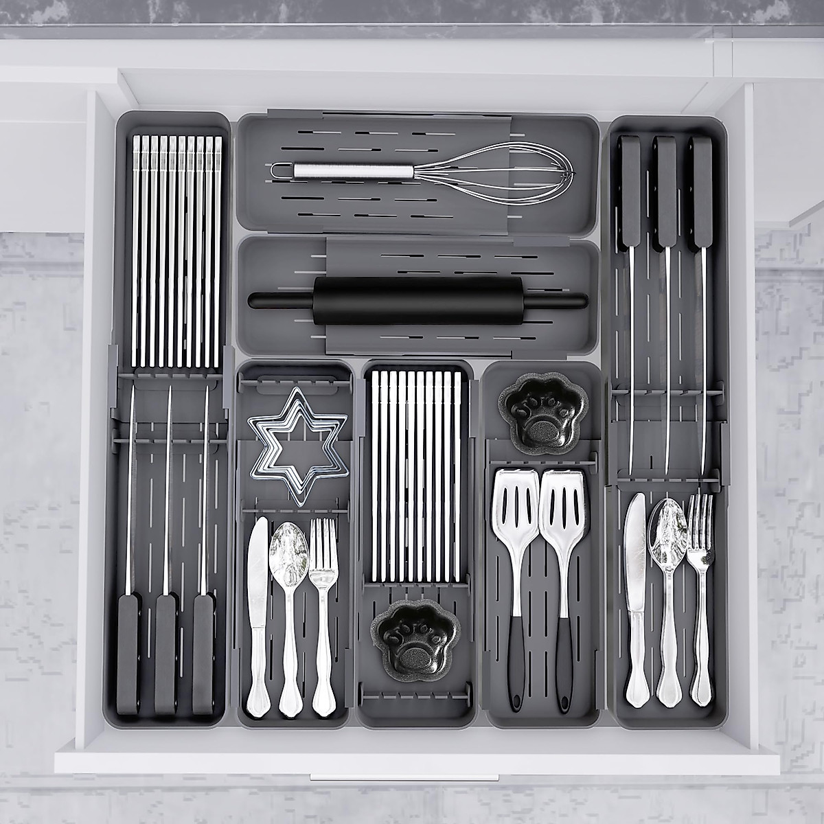 KOUPA Expandable Silverware Drawer Organizer Set of 2, Compact Utensil Flatware Tray for Kitchen, Adjustable Plastic Cutlery Holder Storage for Spoons Forks Knives, Gray