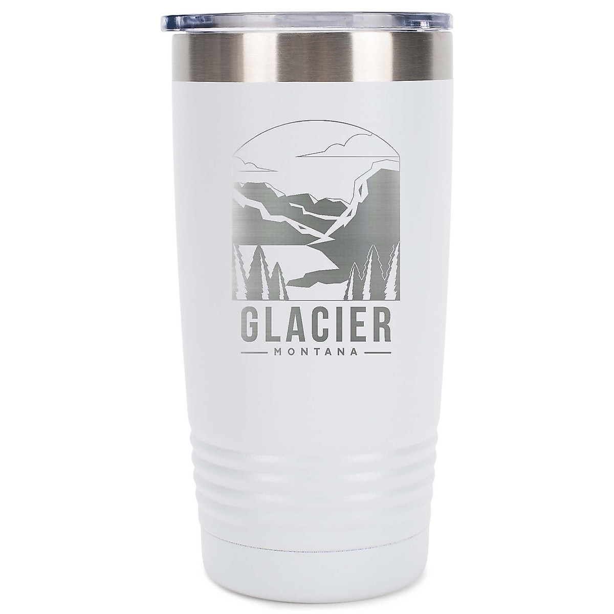 100 North, Polar Camel, United States National Parks, White 20 Ounce, Stainless Steel, Vacuum Insulated Travel Tumbler Mug With Clear Lid, Glacier Montana