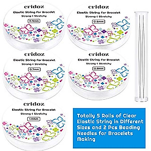 Stretchy String for Bracelets, Cridoz 5 Rolls Clear Elastic String Stretch Cord Jewelry Bead Bracelet String with 2 Pcs Beading Needles for Seed Beads, Pony Beads, Bracelets and Jewelry Making (Assort