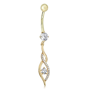 AVORA 10K Yellow Gold Simulated Diamond CZ Dangling Flame Belly Button Ring Body Jewelry (14 Gauge)