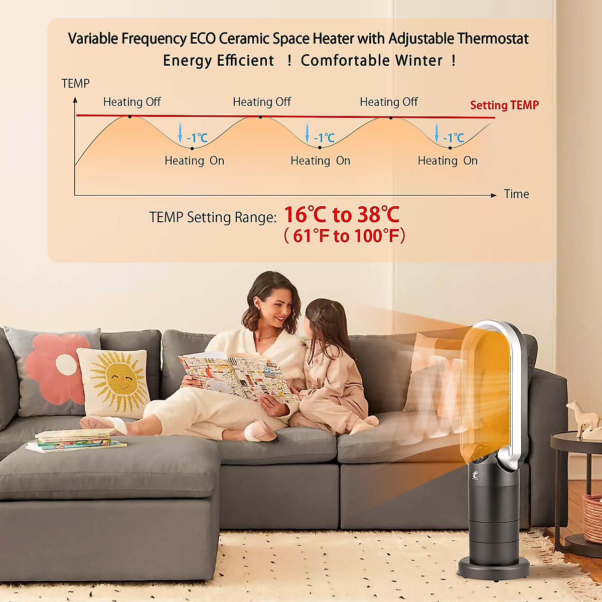 OceanLoong Bladeless Fan & Space Heater in One, Tower Fan for Bedroom Home,1500W Electric Heater with Adjustable Thermostat, Tip-Over Switch, Remote, Timer, Oscillating Table Fan, 29inch (Grey)