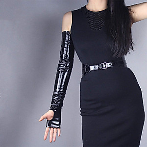 DooWay Opera Long Leather Fingless Gloves for Women Costume Party PU Arm Warmer 24 inches Shiny Black