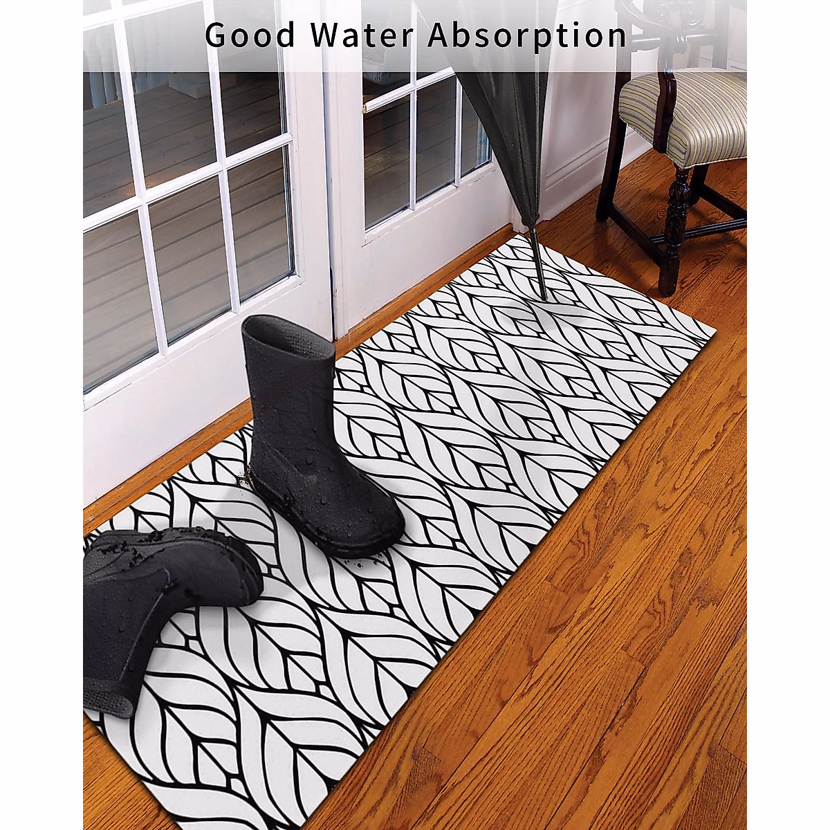 Welcome Mats, Black and White Leaf Tile Pattern Door Mat, Non-Slip Absorbent Large 20x47 Inch Outdoor Indoor Mat Low-Profile Floor Mat Doormat for Entryway/Patio/Garage