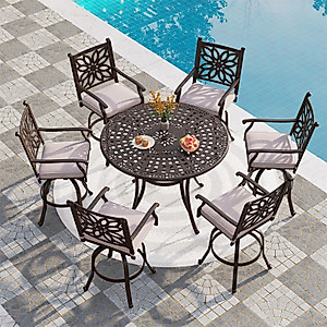 PHI VILLA Outdoor Swivel Bar Stools, Cast Aluminum Patio Pub Height Swivel Arms Chairs with Seat Cushion, Set of 4 Easy Assemble