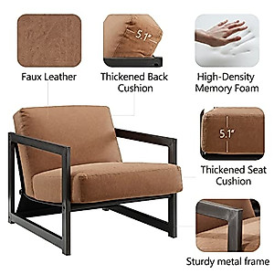 Art Leon Faux Leather Accent Chairs, Set of 2, Mid Century Modern Arm Chairs with Black Metal Frame, Single Sofa Lounge Chairs for Small Space Living Room Bedroom, Orange