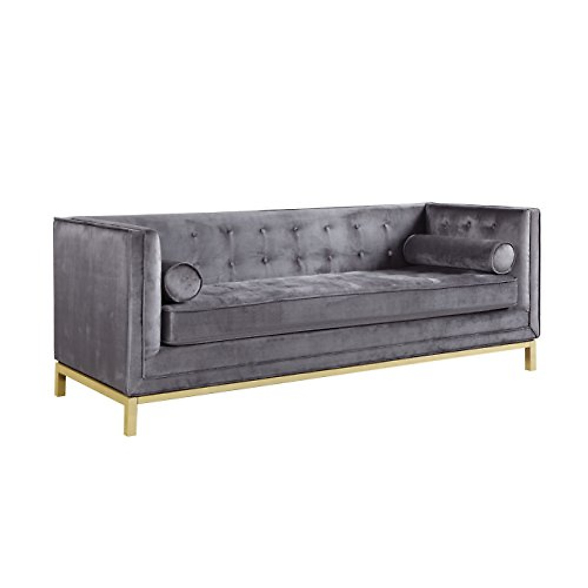 Iconic Home Dafna Club Sofa Sleek Elegant Tufted Velvet Plush Cushion Brass Finished Stainless Steel Brushed Metal Frame Couch, Modern Contemporary, Grey