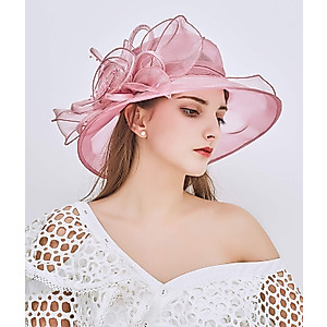 ELLYDOOR Women Kentucky Derby Fascinator Hat Organza Church Wedding Hat Wide Brim Cocktail Tea Party Hat Pink