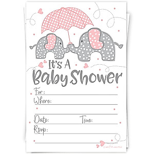 Pink Elephant Girl Baby Shower Invitations (20 Count) with Envelopes