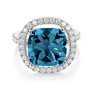 Gem Stone King 925 Sterling Silver 12MM Cushion Gemstone Birthstone and Moissanite Ring | Wedding Engagement Anniversary Promise Ring For Women | Available In Size 5, 6, 7, 8, 9