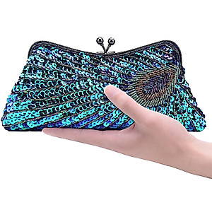 Baglamor Women's Kiss Lock Clutch Sequin Purse Peacock Clutch Bag (Blue)