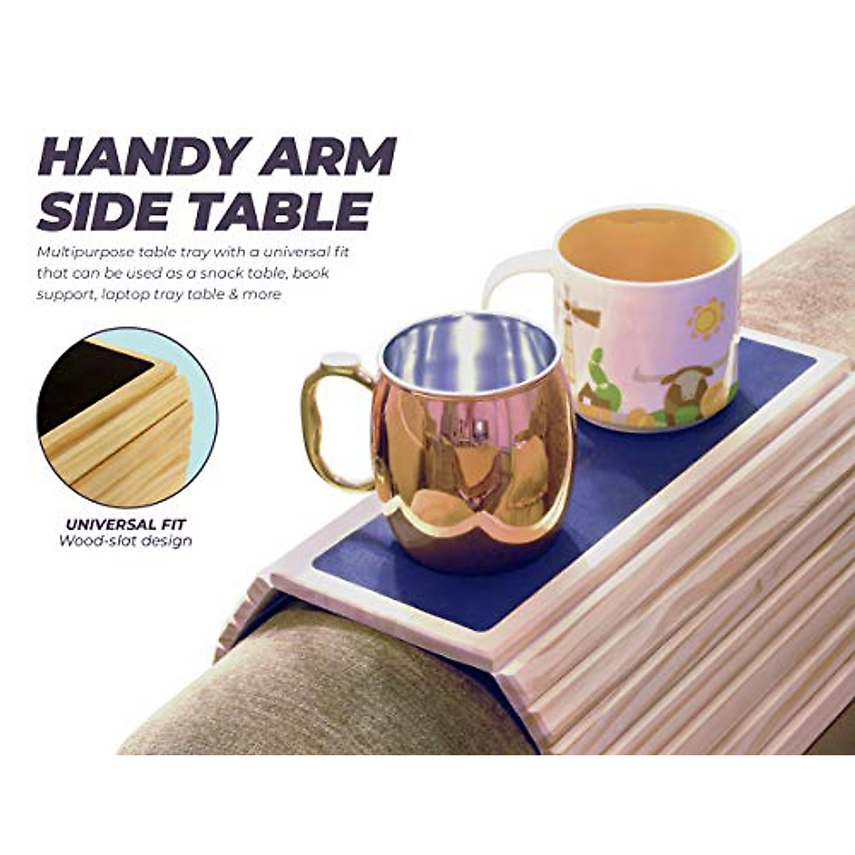 Etna Solid Wood Sofa Arm Table - Flexible Tray Tables with a Non-Slip Felt Surface and Slat Links - Perfect Recliner Table, Couch Arm Table for Holding Drinks, Snacks, or TV Remote - Natural Wood