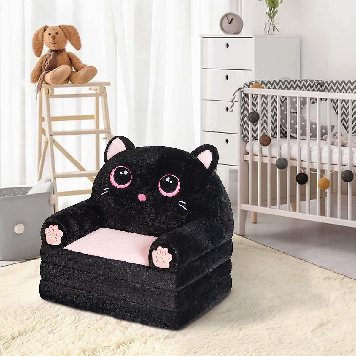 QIUODO Kids Couch Fold Out, Velvet 2-in-1 Flip Open Couch for Toddlers, Comfy Toddler Chair for Reading and Napping, for Boys and Girls (Black & Pink Kitty)