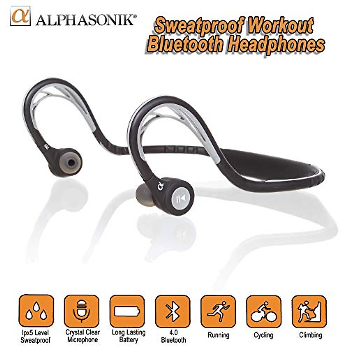 Alphasonik ASE300BT Bluetooth Headphones, V4.0 Wireless Sport Headphones, Sweatproof Running Headset with Built in Mic for Workout Exercise IPX5 SplashProof, Ergonomically Designed for Extra Comfort