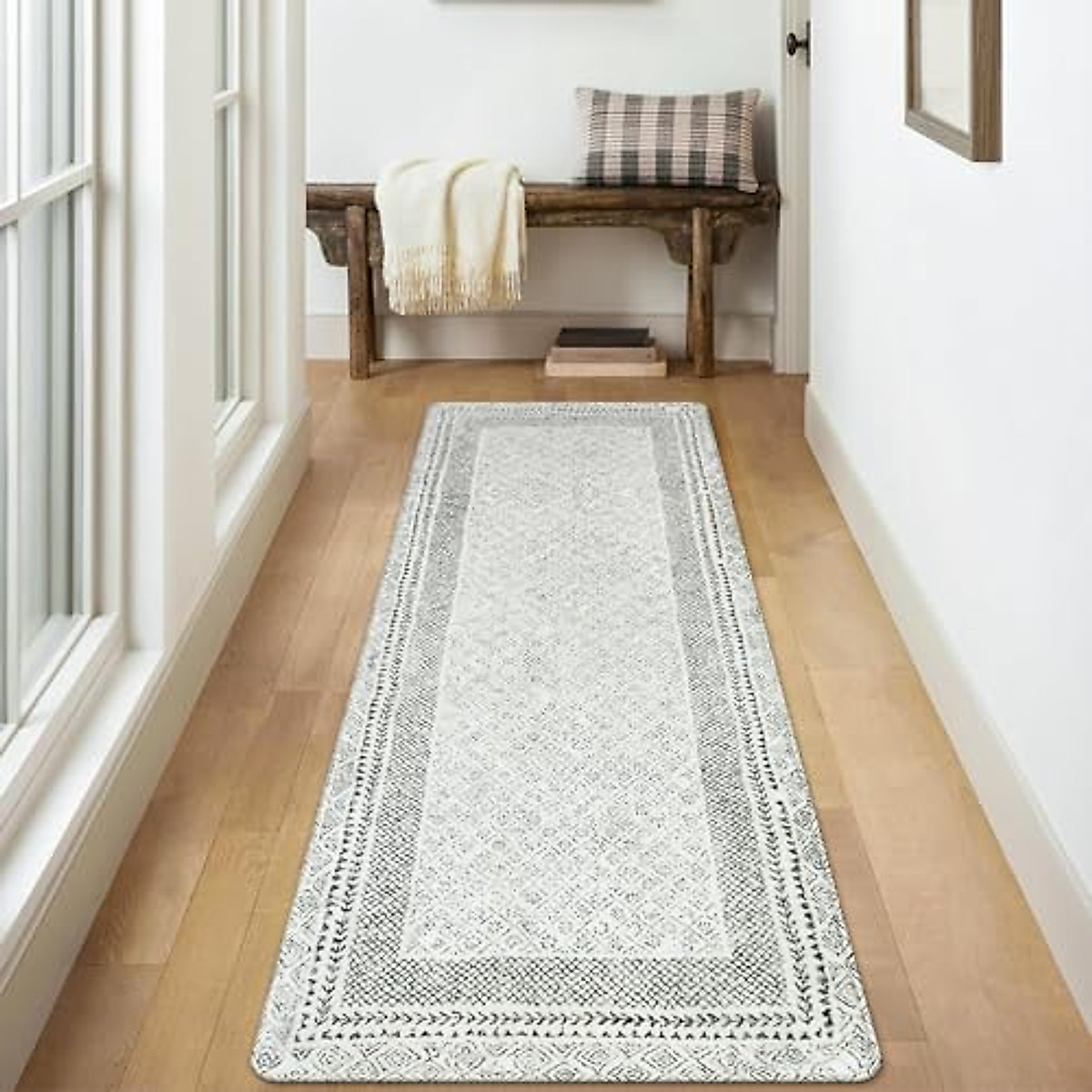 Uphome Moroccan Washable Runner Rug 2x6, Soft Non-Slip Geometric Hallway Rug Runner, Modern Boho Diamond Bathroom Runner, Farmhouse Bohemian Printed Throw Carpet for Kitchen Porch Sofa Bedroom