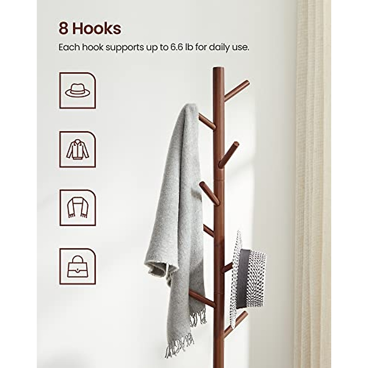 VASAGLE Solid Wood Coat Rack, Free Standing Coat Rack, Tree-Shaped Coat Rack with 8 Hooks, 3 Height Options, for Clothes, Hats, Bags, for Living Room, Bedroom, Home Office, Dark Walnut URCR04WN
