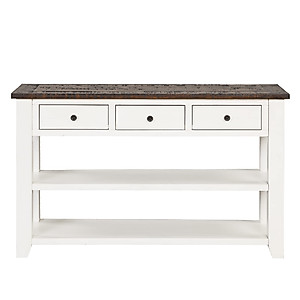 KLIECH Sofa 48''Solid Pine Wood Console, Modern SofaTable, Table with 3 Storage Drawers and 2 Shelves for Living Room Entryway Hallway Bedroom,Antique White+ Brown Top