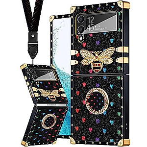 Loheckle for Samsung Galaxy Z Flip 4 Case for Women, Designer Square Cases for Galaxy Z Flip 4 Phone Case with Ring Stand Holder and Lanyard, Stylish Bee Luxury Cover for Samsung Flip 4 6.7''