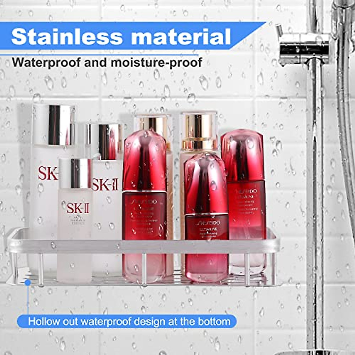 Shower Basket With 4 Hooks Strong Self-Adhesive Shower Shelf For Shampoo And Conditioner Bathroom Storage or Dormitory Kitchen SUS304 Stainless Steel Rust Proof, 3 Pack No Drilling Rust Proof - Silver