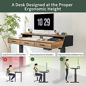 FEZIBO Electric Standing Desk with Drawers, 55x26 Inch Standing Desk Adjustable Height, Stand Up Desk with Monitor Shelf, Sit Stand Home Office Desk, Rustic Brown