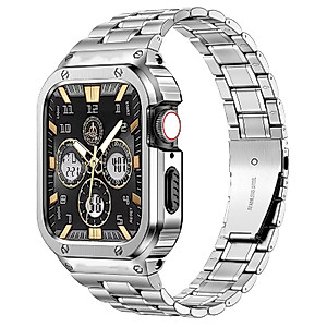 MioHHR Stainless Steel Watch Band with Case Compatible with Apple Watch Series 9/8/7(45mm),Rugged Strap with Metal Protective Bumper Cover for iWatch Band Men(Silver)