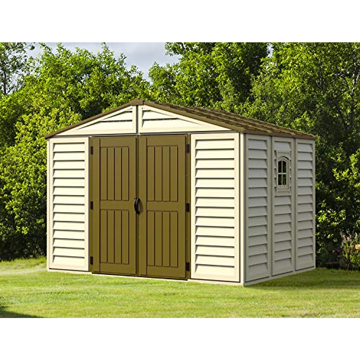 Duramax 0638801402145 Woodbridge Plus 10.5 x 8 Plastic Garden Shed with Foundation Kit & Fixed Window Brown-15 Years Warranty, 10x8, Brown & Ivory