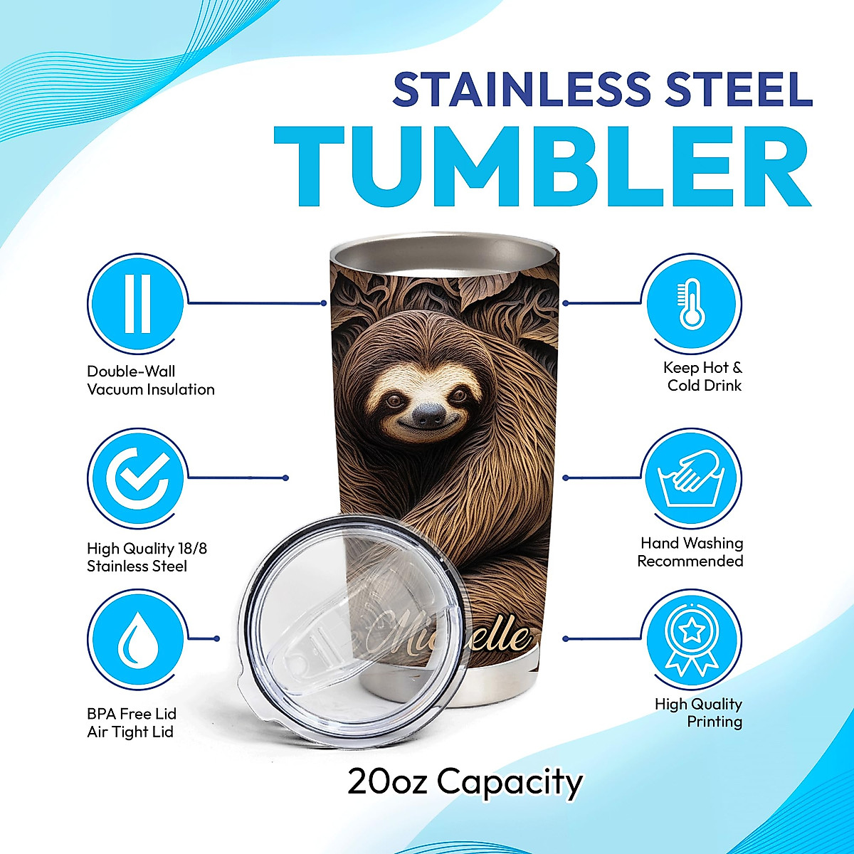 Hyturtle Personalized Gifts For Sloth Lover - Sloth Printed 2D Custom Name Stainless Steel Tumbler 20oz With Lid - Idea Animal Lover Gifts For Women Girl On Birthday, Christmas