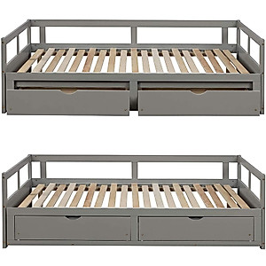 MERITLINE Daybed Frame with Two Storage Drawers, Twin to King Daybed Extendable Design,Wooden Sofa Bed for Bedroom Living Room,Grey