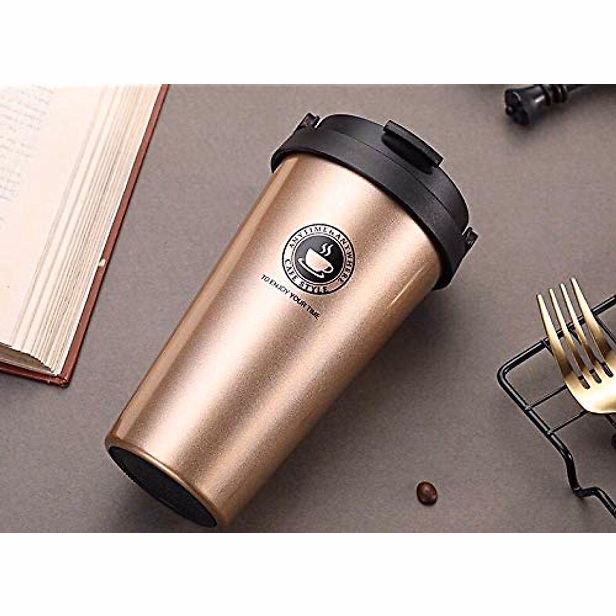 Jason&Eva 18/8 Stainless Steel Double Wall Vacuum Insulated Travel Coffee Mug with Handle/Portable Thermal Cup,Wide Mouth Tumbler with Leak Proof Lid,17oz,Champagne
