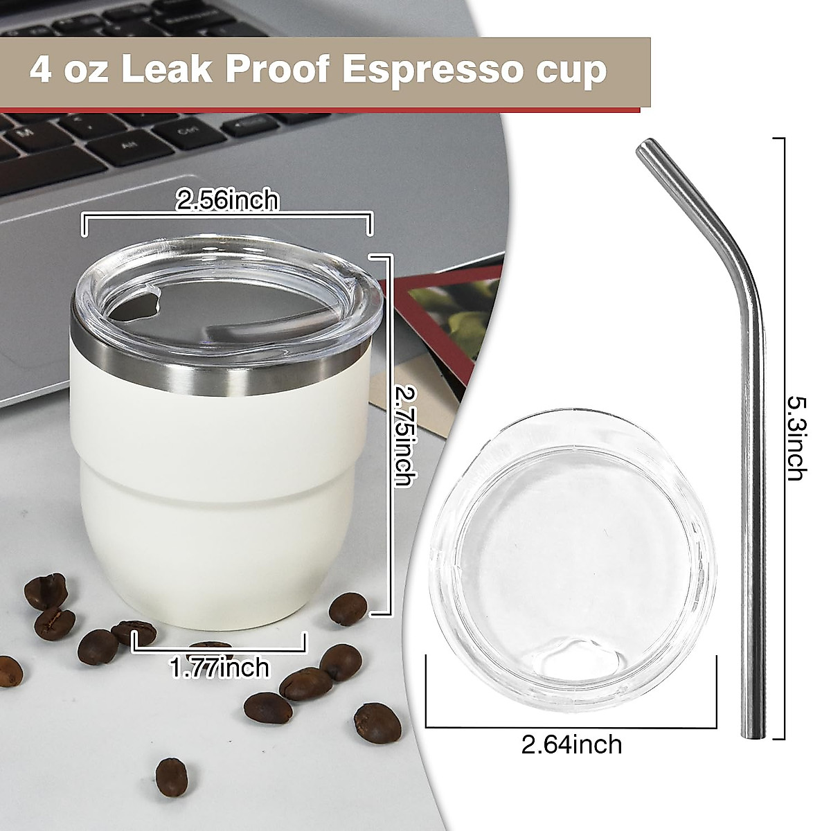 4 oz Stackable Cup, 4 Pack Mini Tumbler Shot Glass with Straw and Lid,Stainless Steel Espresso Cups-Vacuum Insulated Coffee Cup for for Wedding Party Whiskey Cocktail Bar, White