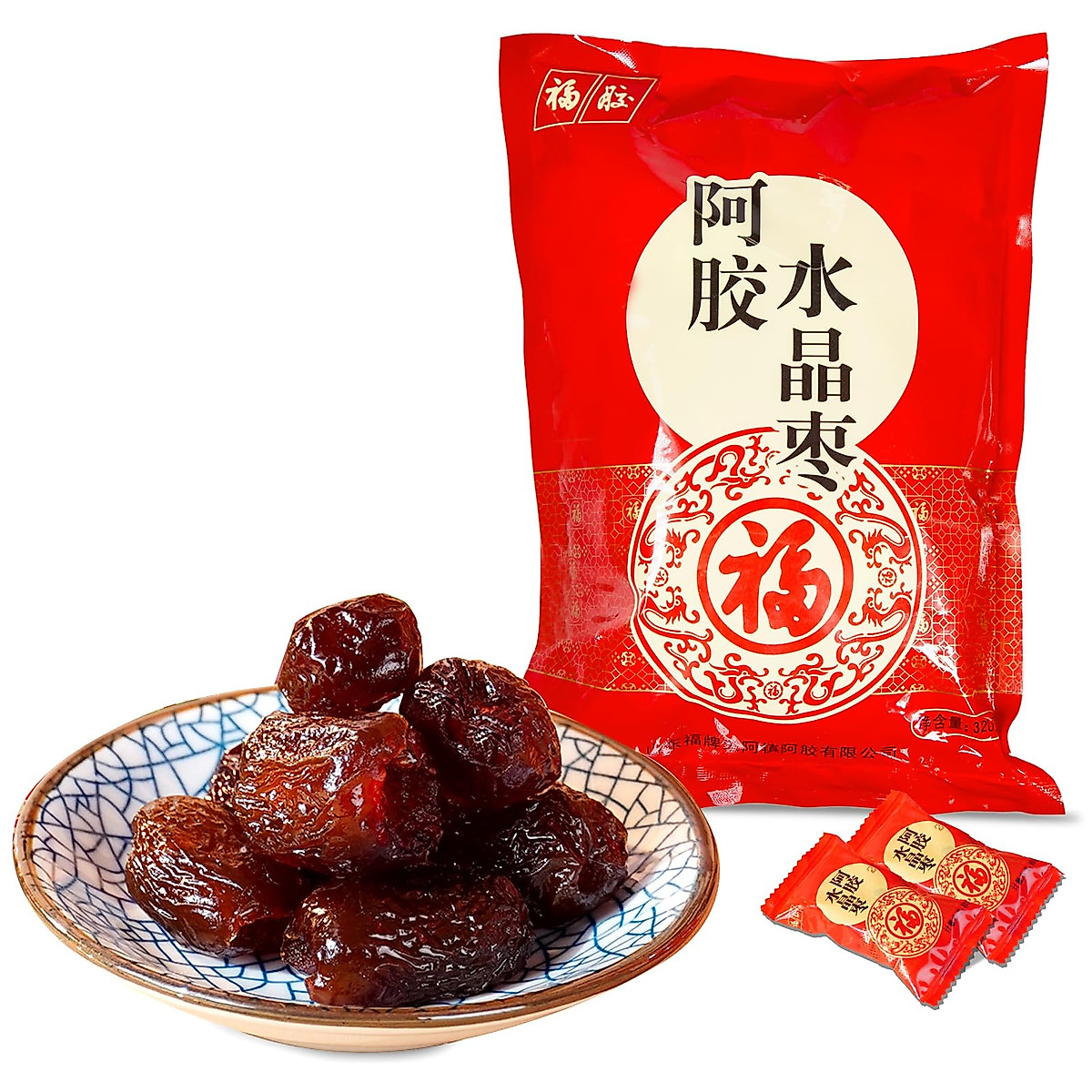 FU PAI E JIAO Jujube Pitted - Chinese Date Individually Wrapped, Non-GMO, Sweet Caramel Flavor, Natural Fruit Snacks 11.3oz