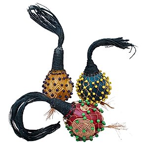 Gourd Maracus Shaker Covered With Net Of Beads And A Whisk. 6 in x 8 in. Overall length with whisk is approx 20 inches
