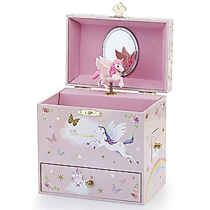 Musical Jewelry Box for Little Girls with 3 Drawers and Jewelry Set with Spinning Unicorn and Rainbow Butterfly Design - Over the Waves Tune Pink