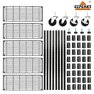 EZPEAKS 5-Shelf Shelving Units and Storage on 3'' Wheels with Shelf Liners Set of 5, NSF Certified, Adjustable Heavy Duty Carbon Steel Wire Shelving Unit (30W x 14D x 63.7H) Pole Diameter 1 Inch