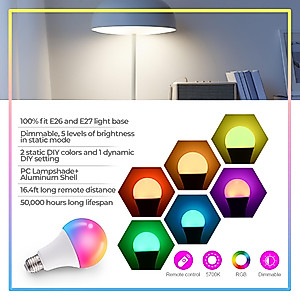 Droiee Dimmable E26 Warm LED Light Bulb, 6W RGBW Color 500LM with 16 Color Changing Modes for Christmas, Party etc with Remote Control 2 Pack