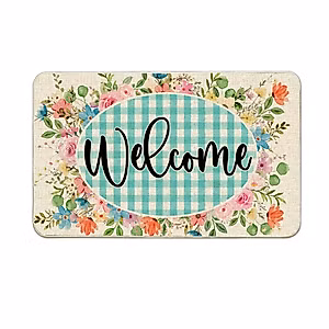 Spring Door Mat, Hello Spring Welcome Mats Outdoor for Front Door, Flowers Blossoms Seasonal Non Slip Farmhouse Doormat Indoor Entryway Floor Rug for Entrance Outside Entry Home Decor 17”x29”
