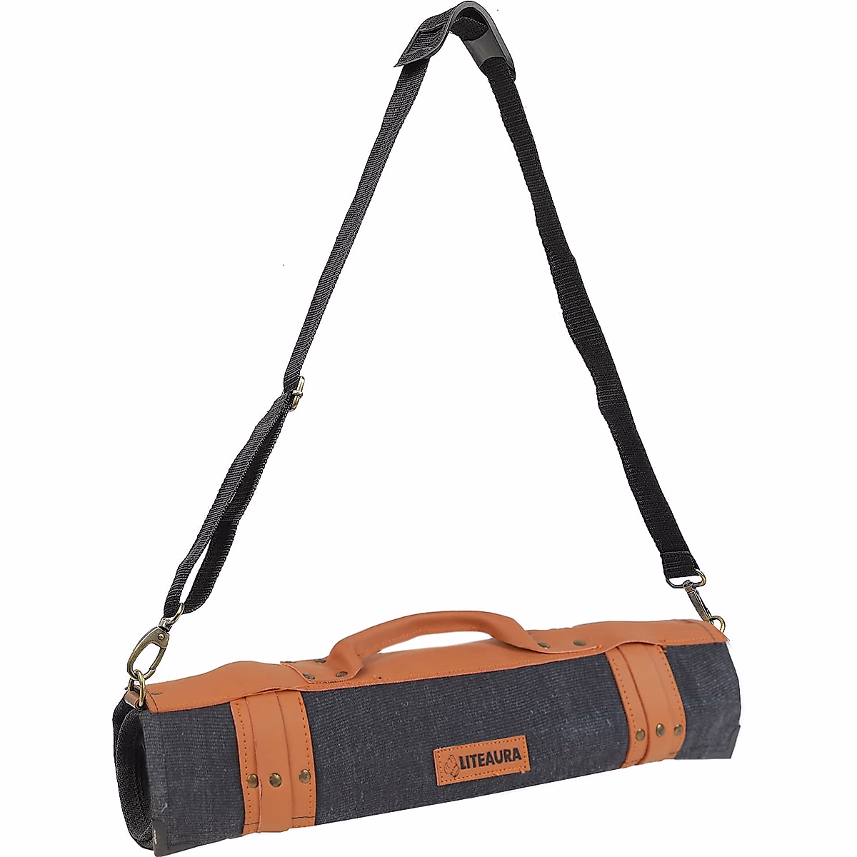 Chef knife roll bag large | stores 10 knives, 3 kitchen utensils Plus leather zipper pouch size open: 28" x 20" | waxed canvas knife carrier | easily carried shoulder strap professional chefs