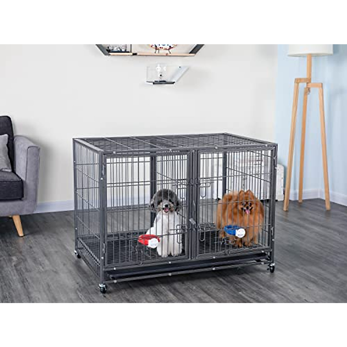 Go Pet Club 44" Heavy Duty Stackable Cat Dog Pet Metal Crate Kennels Outdoor and Indoor with Divider and Water Bowls, Large