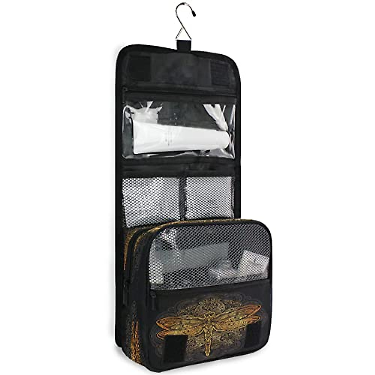 Omhonmi Hanging Toiletry Bag for Women Mandala Dragonfly,Waterproof Makeup Pouch,Portable Cosmetic Bag,Travel Bag with Hanging Hook for Woman Man Travel Accessories