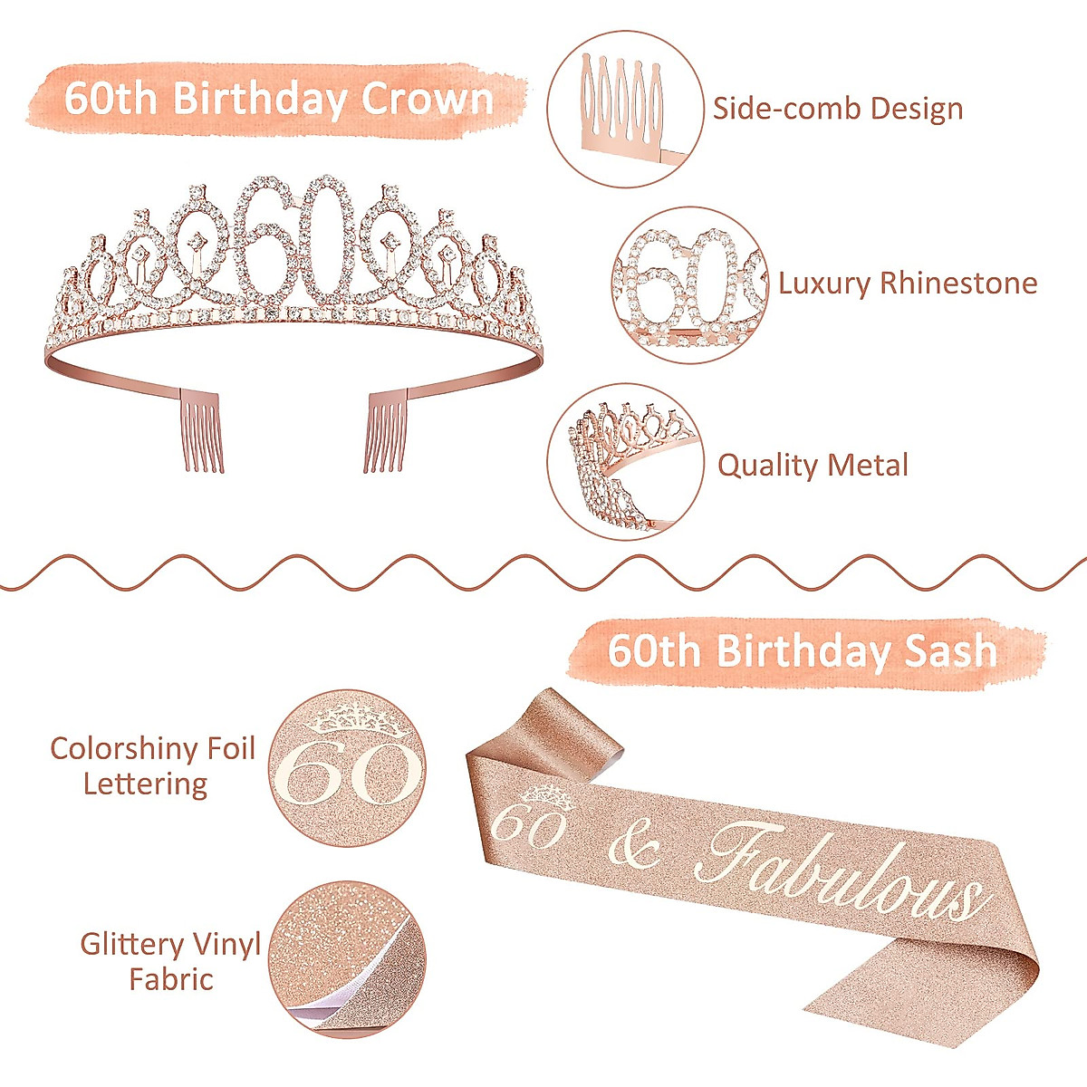 60th Birthday Decorations Gifts for Women Including Crown, Sash, Cake Topper, Candles and 12oz Wine or Coffee Tumbler Mug with Lid, Gifts for 60 Year Old Woman
