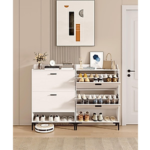 Gadroad Shoe Cabinet, Modern Slim Shoe Organizer, Tipping Shoe Cabinet with 2 Flip Drawers, Narrow Shoe Rack for Living Room Entryway, White