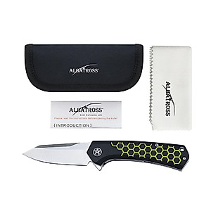 ALBATROSS Pocket Folding Knife, 3" D2 Steel Satin Blade, 4.5" Black G10 Handle with Hexagonal Pattern, Liner Lock, FK055 (Yellow)