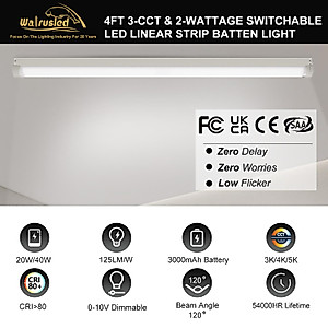 4 Pack 4FT LED Linear Strip Emergency Stairwell Light, 3 CCT Selectable, 20W/40W, 2500lm/5000lm, Battery Backup, 30K/40K/50K, IP20, 0-10V Dimmable 4 Foot Commercial LED Shop Ceiling Light Fixture, FCC