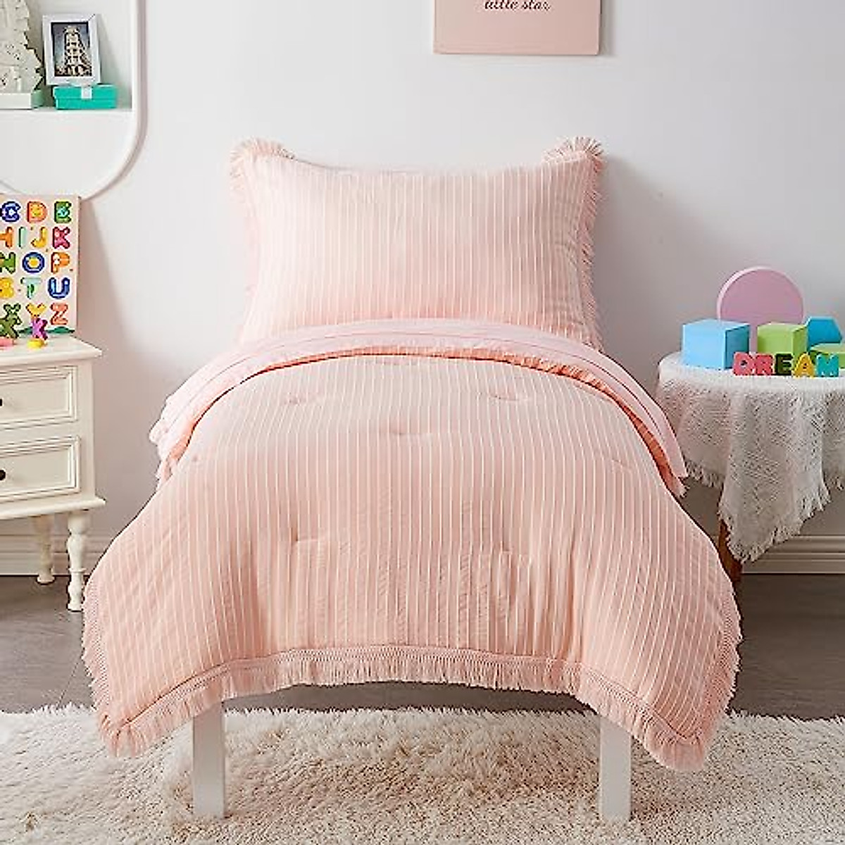 SUCHDECO Light Coral Toddler Bedding Set for Girls Pink Comforter Sets with Jacquard Stripes, Tassel Fringe 4 Pieces - Comforter, Fitted Sheet, Flat Sheet, Pillowcase