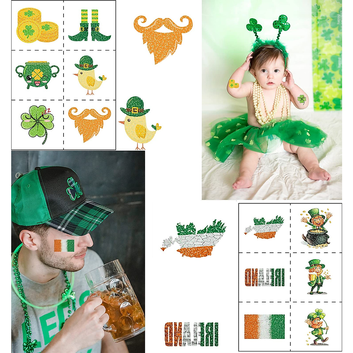 St. Patrick's Day Glitter Tattoos,Shamrock Lucky Clover Temporary Tattoo Stickers, St. Paddy's day Decorations Pack of 8,48Pcs Waterproof Decor for Men Women Kids
