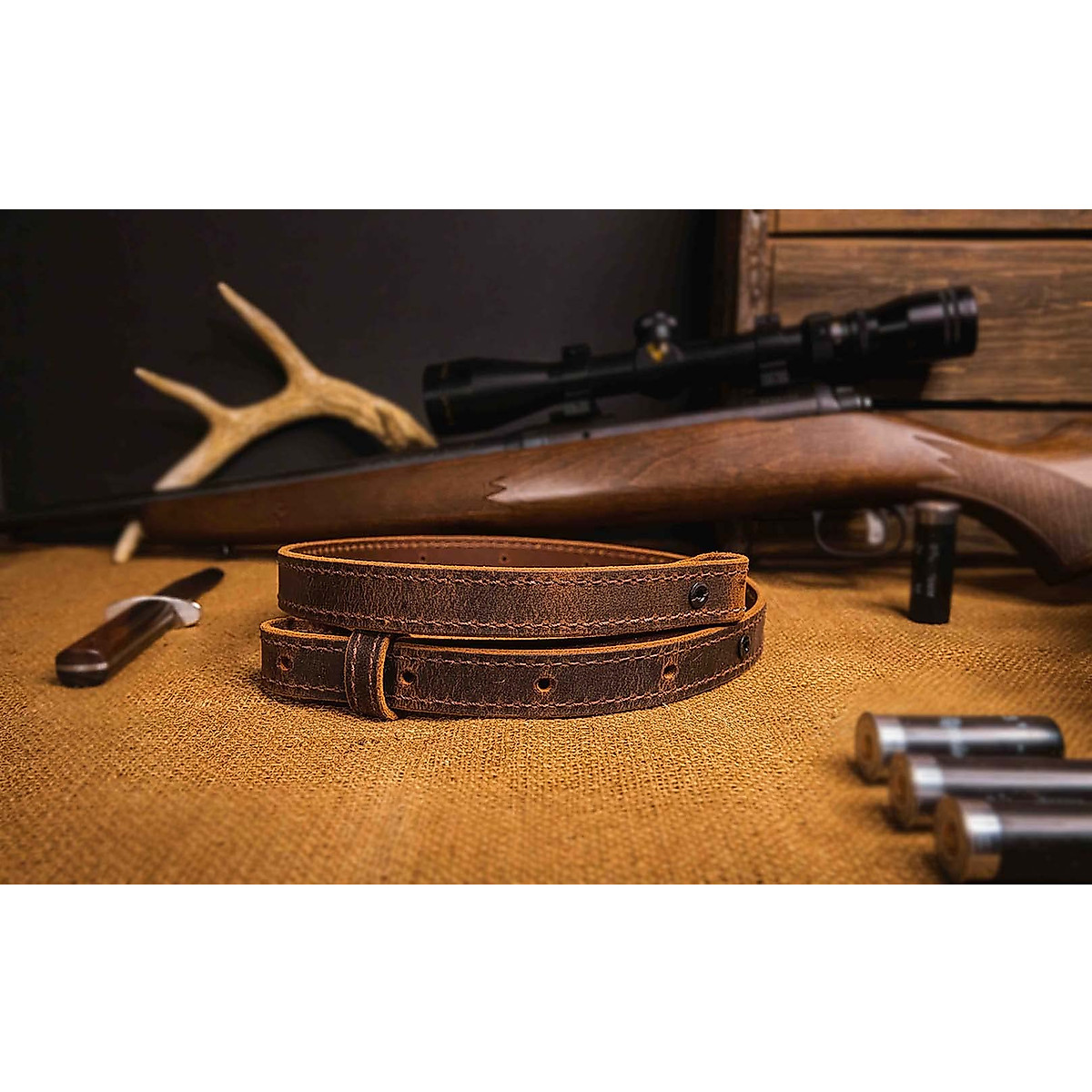 Nohma Leather Buffalo Leather Rifle Gun Sling, Crazy Horse/Brown Stitch, Amish Handmade 1" Width - Made in The USA