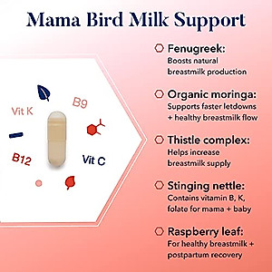 Mama Bird Milk Support, Breastfeeding, Lactation, Breast Milk Supply Increase, Fenugreek & Moringa Blend for Postpartum Nursing, Includes Bonus 10 Smoothie Recipes for New Moms, 60 Ct