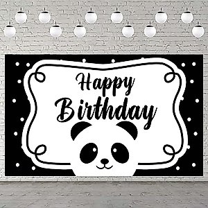 Cute Panda Happy Birthday Banner Backdrop Black and White Bear Animals Zoo Theme Decorations Decor for Wild One Girls Boys Safari 1st Birthday Party Baby Shower Supplies Background
