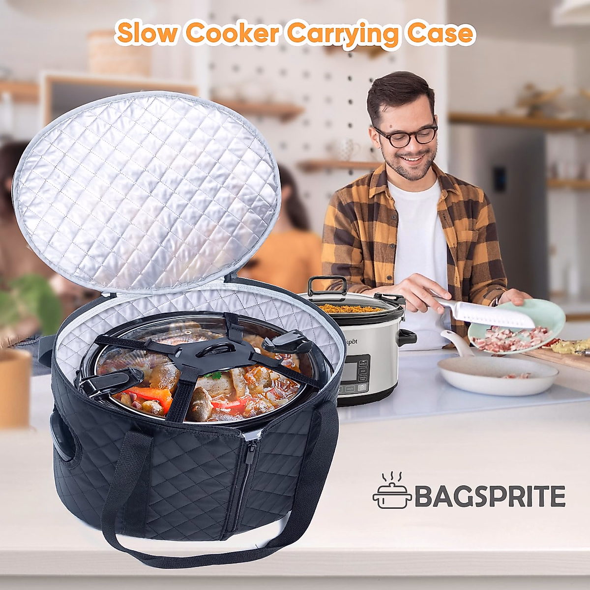 BAGSPRITE Slow Cooker Carrying Case Compatible with 6-8 Quart Crockpot Carrier for Hot Food and Hamlton Beach Slow Cooker Tote with Lid Fastener for Crock-pot Dust Cover Applicances