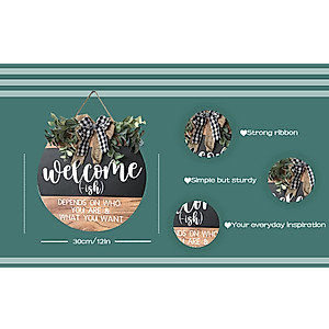 Welcome Sign Front for Door Decoration, 12 in Round Wood Wreaths Wall Hanging Outdoor, Farmhouse, Porch, for Spring Summer Fall All Seasons Holiday Christmas